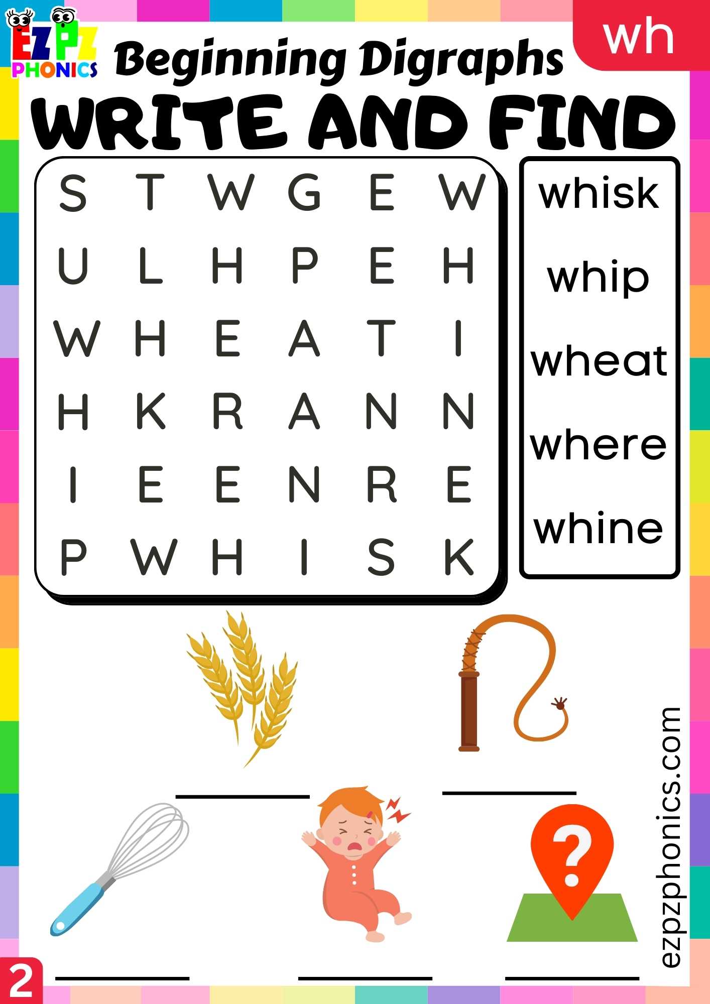 Group2 WH Words Write And Find Consonant Digraphs Phonics Beginning Worksheet - ezpzphonics.com